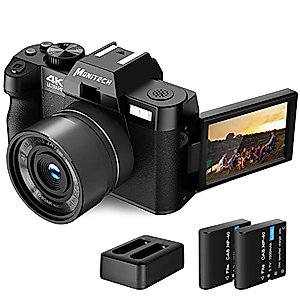 Monitech Digital Camera 4K 48MP Vlogging Camera, Cameras for Photography and YouTube, 16X Digital Zoom, with 180° Flip Screen,2 Batteries, 32GB TF Card