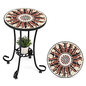 VINGLI Mosaic Outdoor Side Table, 14" Round End Table, Accent Table, Ceramic Tile Top Black Iron,Brown Flower