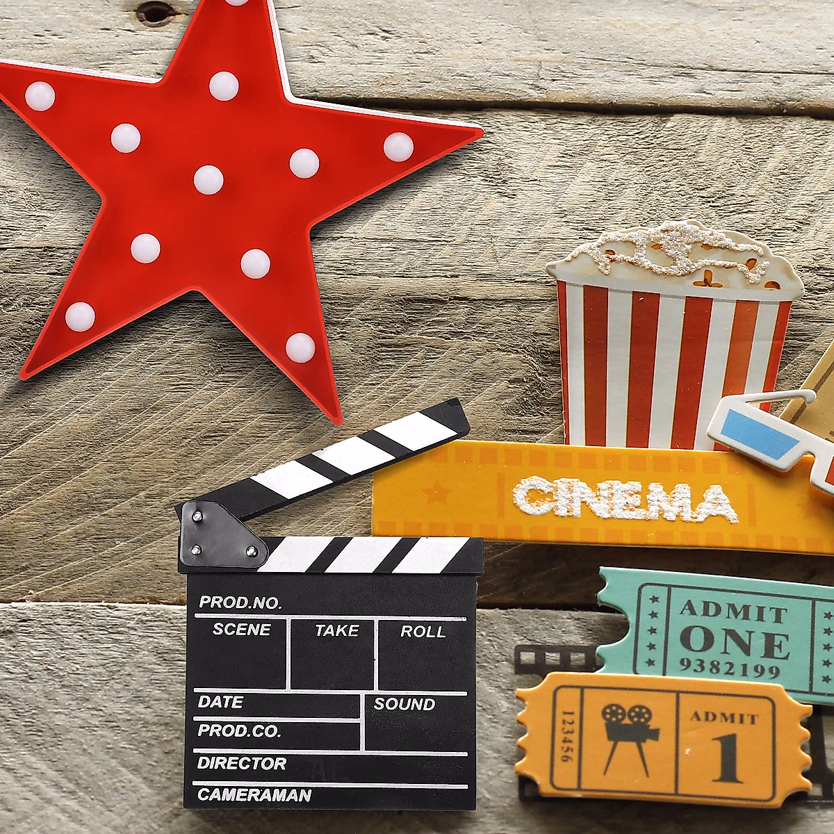 Movie Theater Decor Movie Film Clap Board Movie Clapper Board Accessory and Marquee Light LED Star Sign Movie Props for Movie Night Decorations Party Supplies