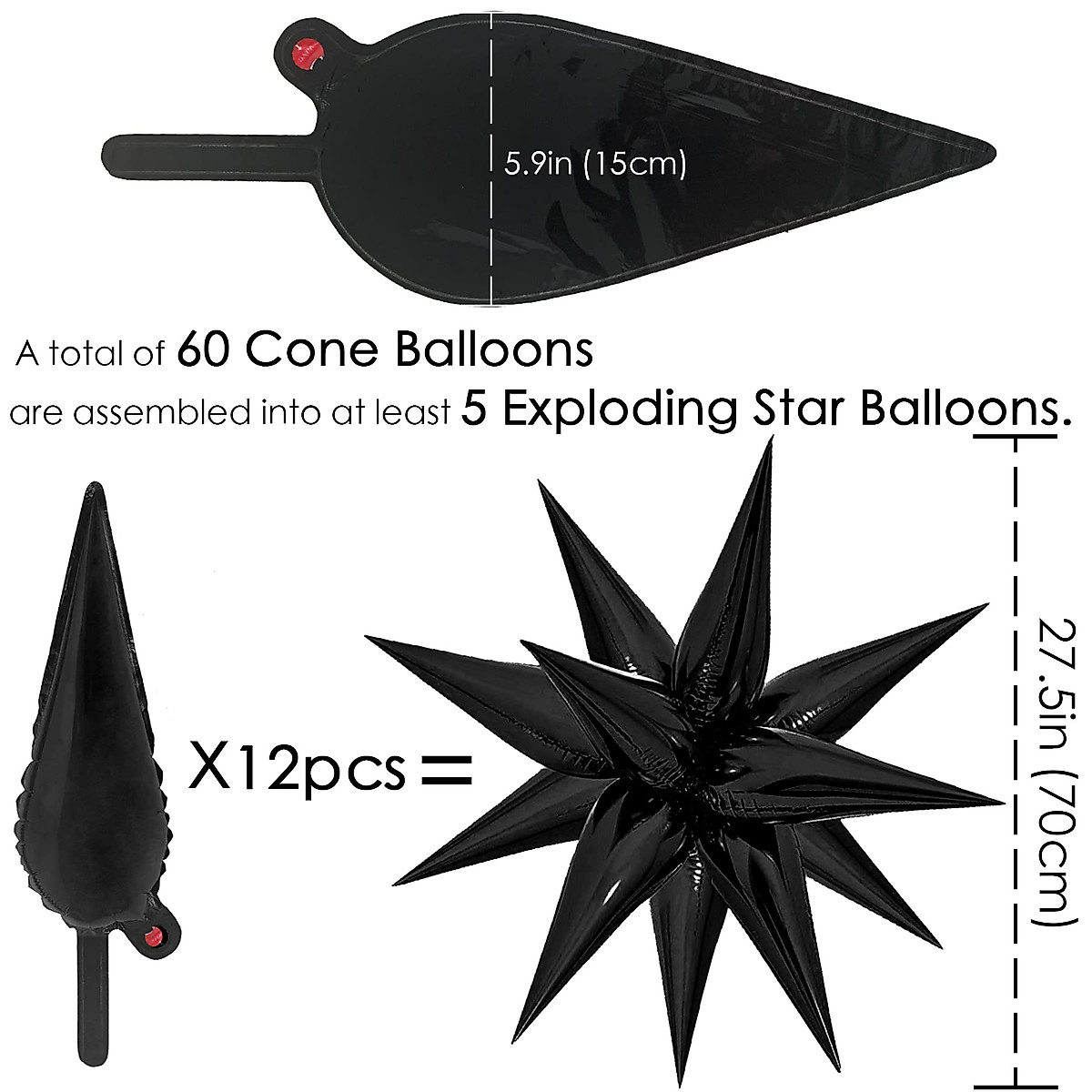 ZAKVOOR 60 Pcs Star Balloons 12 Spike Foil Explosion Party Decoration Balloons for Halloween Graduation Birthday (Black)
