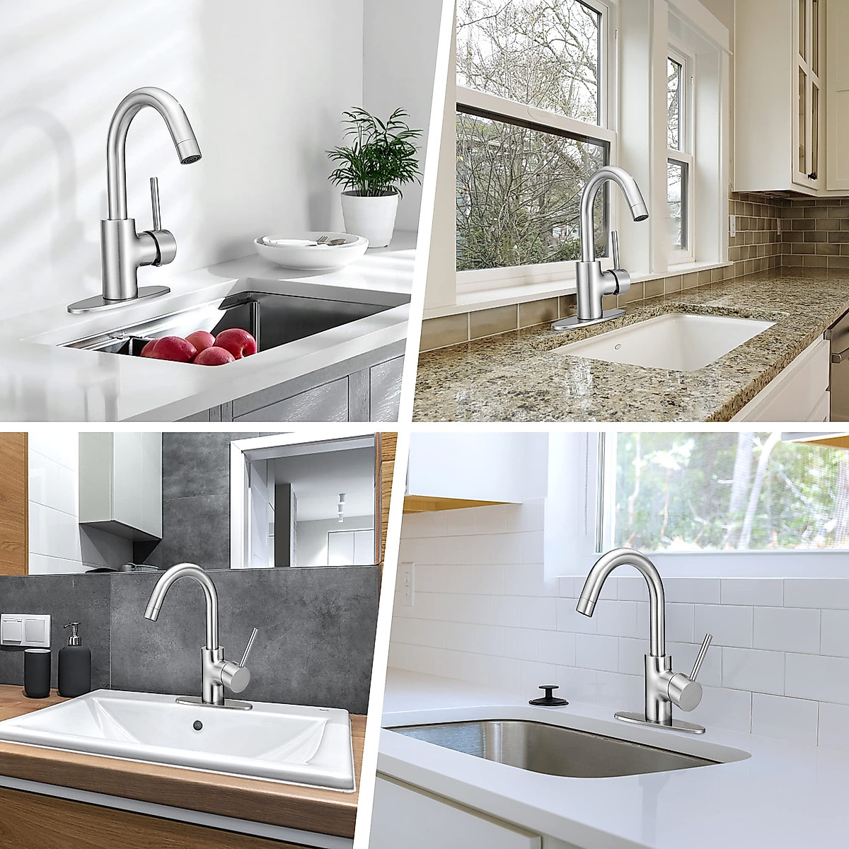 PHICHI Bar Faucet Chrome, 1 Or 3 Hole Single Handle Stainless Steel Gooseneck Sink Faucets for Bathroom Bath Outdoor with Hot & Cold Water Supply Lines