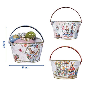3 Pcs Easter Metal Buckets Easter Bunny Pail Baskets for Easter Eggs Hunt,Easter Pails Gift Baskets for Kids,Kids Easter Party Favor