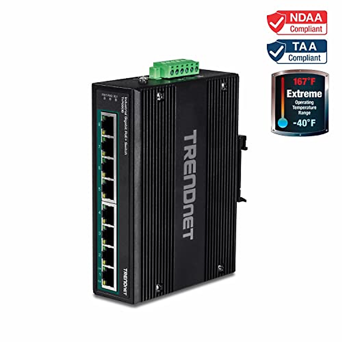 TRENDnet 8-Port Hardened Industrial Unmanaged Gigabit 10/100/1000Mbps DIN-Rail Switch w/ 8 x Gigabit PoE+ Ports, TI-PG80B, 24 – 56V DC Power inputs with Overload Protection, Lifetime Protection