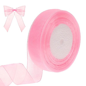 ZEYIYER Pink Ribbon, 1 Inch 50 Yards Sheer Organza Ribbon for Flower Bouquet, Pink Festival Gift Basket Chiffon Ribbon, Tulle Ribbon for Gift Wrapping Wedding Flower Party Home Decoration