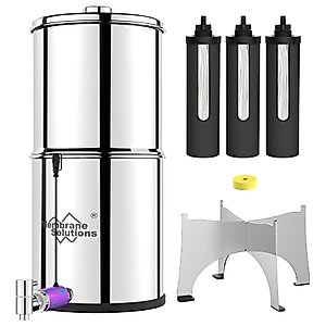 Membrane Solutions UV Countertop Water Filtration System, Stainless Steel 2.25G Gravity Water Filter with 3 Pack 0.1-Micron UF Filters, for Home, Camping, and RVing (U3P)