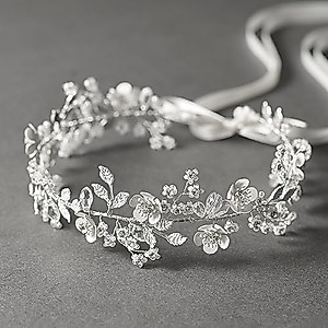 SWEETV Silver Wedding Headband Crystal Bridal Headpieces for Bride Flower Hair Accessories for Women Flower Girl Hair Vine