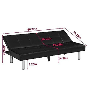 Eafurn Faux Leather Convertible Futon Sofa Adjustable Sleeper Couch Modern Home Recliner Reversible Loveseat Folding Daybed Guest Bed Small Sofabed with Metal Legs for Dorm, Apartment, Black 66.92"