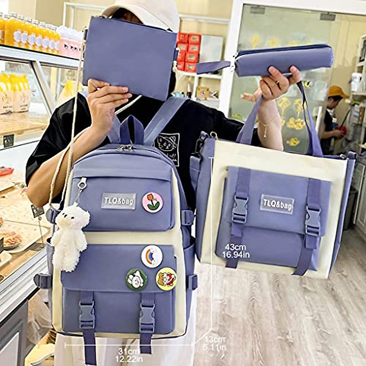 4PCS Canvas School Backpack Combo Set with Kawaii Teddy Bear Pendant Pin Cute Aesthetic Laptop Schoolbag Shoulder Tote Bag (Blue)