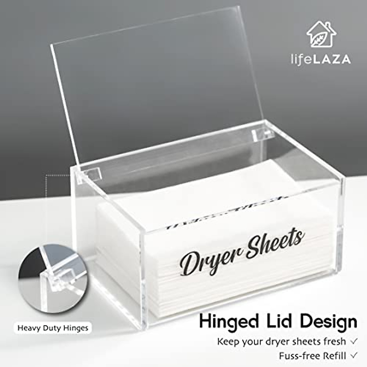LifeLAZA Acrylic Dryer Sheet Dispenser with Hinged Lid, Clear Dryer Sheet Holder for Fabric Softener Sheets, Transparent Container Storage Box for Laundry Room Decor