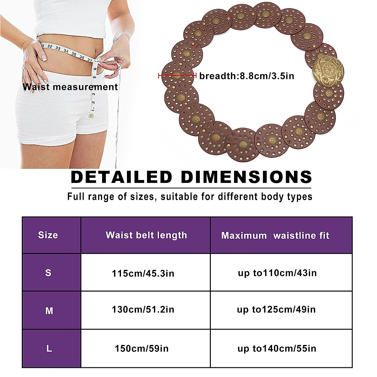 Buywis Wide Disc Belt for Women Boho Disk Concho Leather Belts Western Waist Belts for Dress 115CMBrown
