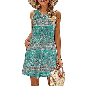 SimpleFun T Shirt Dress Women Summer Knee Length Sundresses Sleeveless Swing Tunic Short Dress Green Print,L