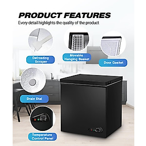 Tymyp Chest Freezer Deep Freezer 5.0 Cu.Ft Freezer Black Free-Standing Top Door Freezer Adjustable 7 Thermostat and Removable Basket Open Deep Freezer Energy Saving Garage Basement Apartment Kitchen