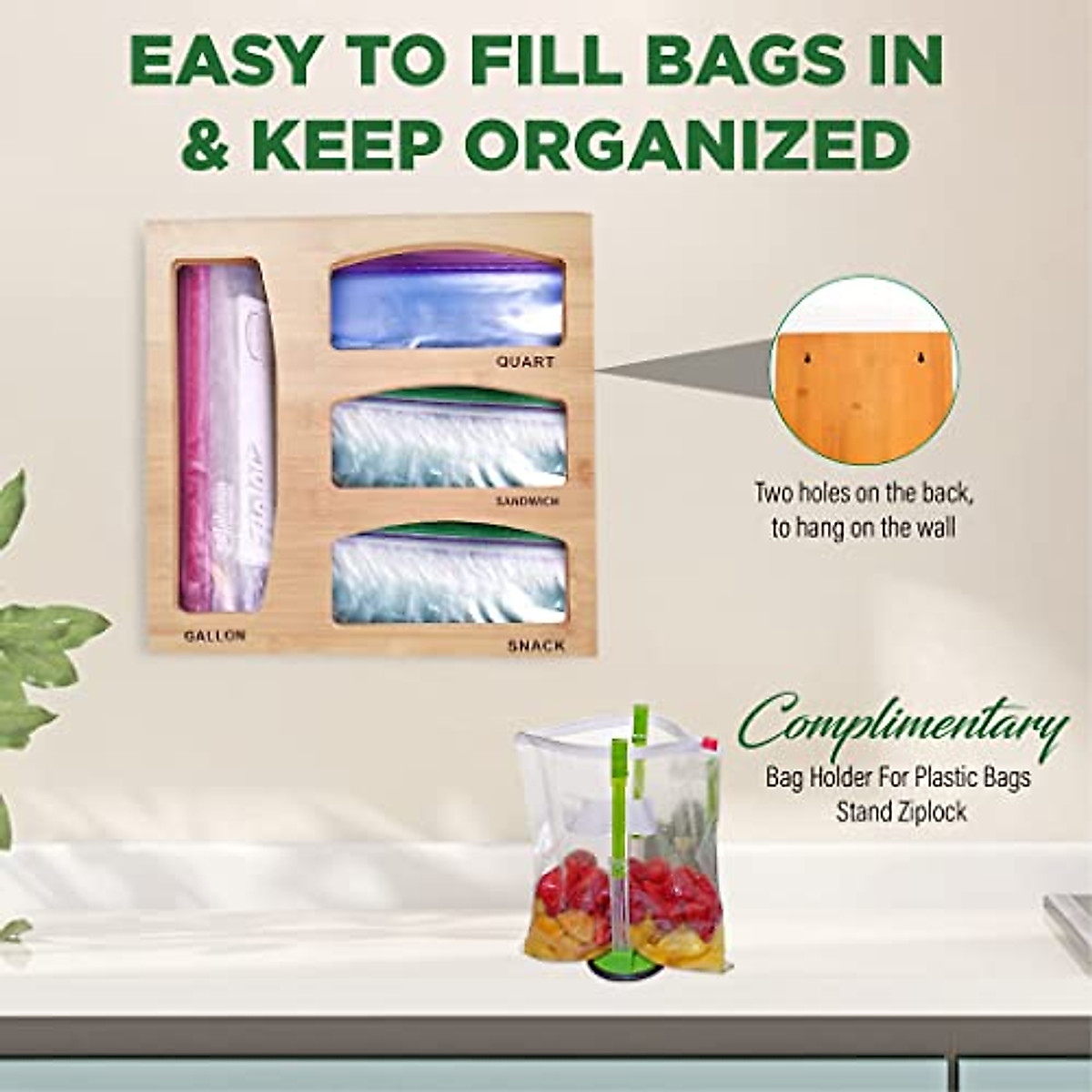 Bamboo Bag Organizer for Drawer and Wall , Sandwich Bag Organizer Bundled with Baggie Holder , 4 Slots Food Storage Bag Holder , Baggie Organizer Set , Natural Bag Storage Organizer with Black Labels