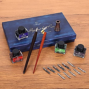 LongLongJin Calligraphy Set for Beginners-calligraphy Fountain Pen,2 Wooden Dip Pen, 12 Replaceable Stainless Steel Tips, 4 Bottles of of Ink,1pen Holder