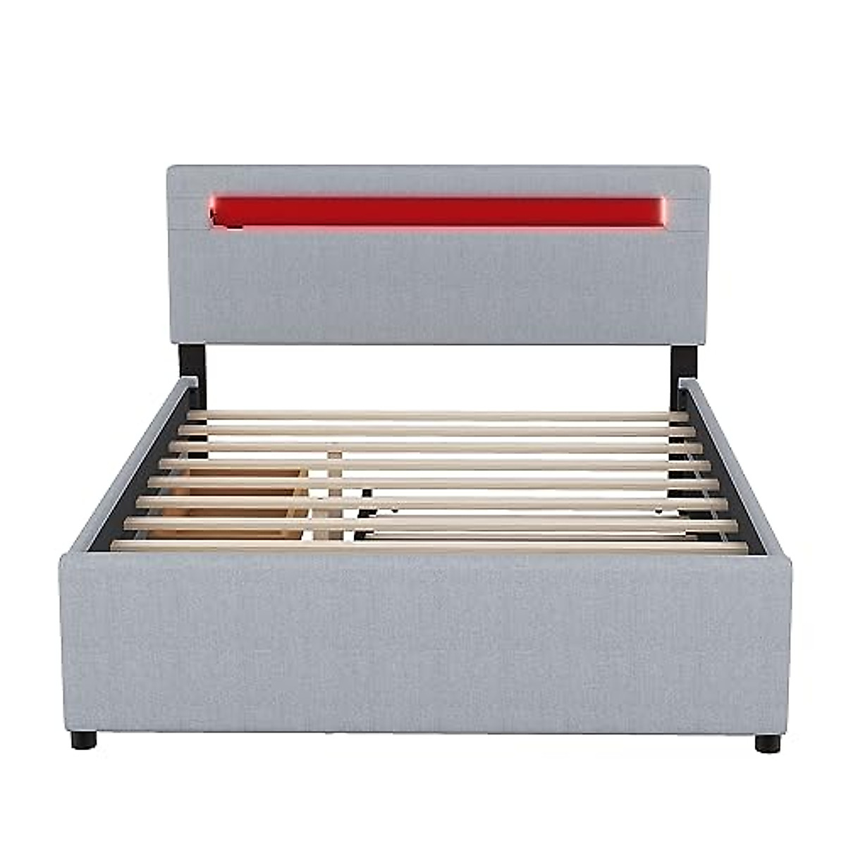 Merax Queen-Size Upholstered Storage Platform Bed with Twin Size Trundle, 2 Drawers, LED and USB Charging, Gray Wood Bed Frame