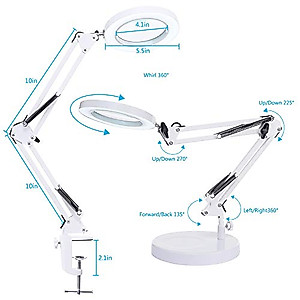5X Magnifying Glass with Light and Stand, KIRKAS 2-in-1 Real Glass Lens Magnifying Desk Lamp with Clamp, 3 Color Modes, Stepless Dimmable Magnifier Light for Close Work Repair Reading Crafts- White