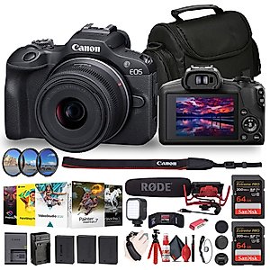 Canon EOS R100 Mirrorless Camera with 18-45mm Lens (6052C012) + Rode Mic + Filter Kit + Corel Software + Bag + 2 x 64GB Card + 2 x LPE17 Battery + Charger + LED Light + Card Reader + More (Renewed)