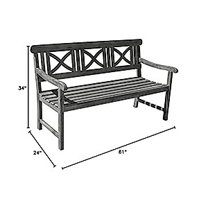 Vifah V1299 Coronado Grey-Washed 5Ft X-Back Acacia Weathered-Wood Bench for 3 Seater in Entry Way