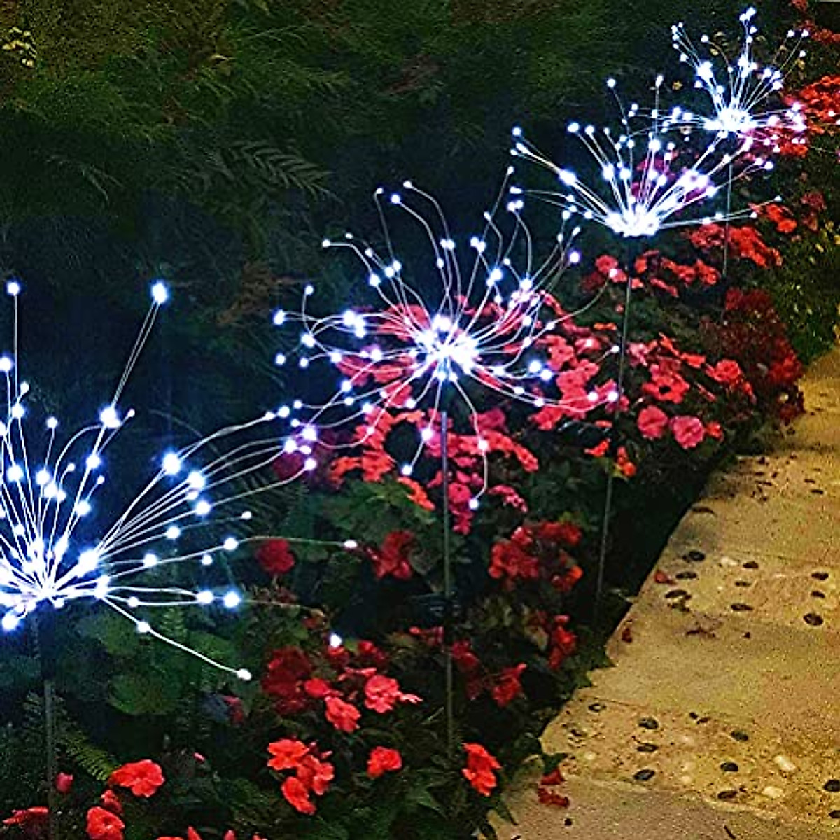 Rockabyee 2 Pack 120 Led Solar Firework Lights, 8 Modes Starburst Stake Lights, Outdoor Solar Garden Lights for Wedding Party Festival (Cool White)