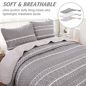 WONGS BEDDING Grey Quilt Set Queen, Boho Striped Triangle Printed Bedspread Coverlet Set, 3 Pieces (1 Quilt + 2 Pillowcases), Soft Microfiber Lightweight Bohemian Bedding Quilt for Summer 90"x96"