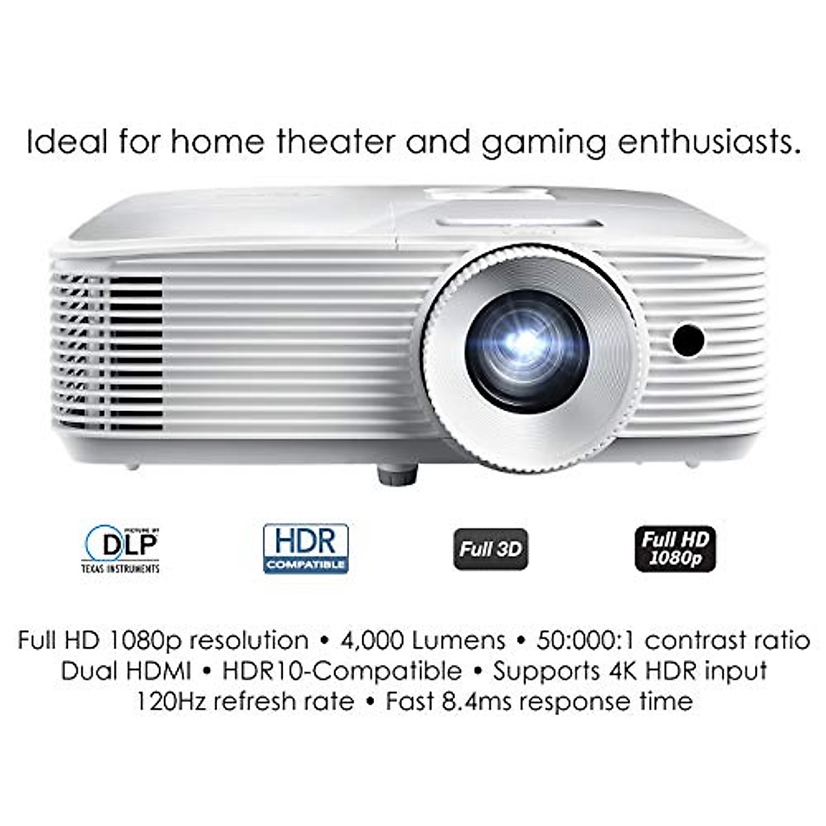 Optoma HD39HDR High Brightness HDR Home Theater Projector | 120Hz Refresh Rate | 4000 lumens | Fast 8.4ms Response time with 120Hz | Easy Setup with 1.3X Zoom | 4K Input | Quiet Operation 26dB
