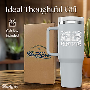 shop4ever Just A Girl Who Loves Anime Engraved Insulated Stainless Steel Tumbler with Handle, Lid, and Straw 40 oz. Anime Fans Anime Lovers Birthday Gift (Fog)