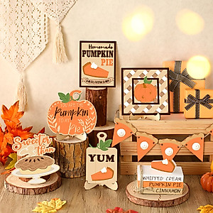 Tradder 14 Pcs Fall Tiered Tray Decorations Tiered Tray Decor Set Rustic Table Thanksgiving Decorative Trays Wooden Pie Autumn Pumpkin Tiered Tray for Farmhouse Home Kitchen Autumn Thanksgiving