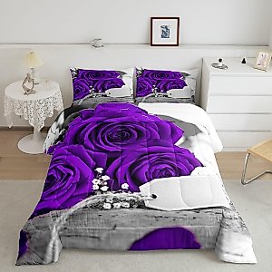 Romantic Rose Comforter Set Queen, Purple Rose Floral Bedding Set for Kids Teens Adult Romantic Bedroom Decor, Rustic Farmhouse Flowers Bedding Comforter Sets, Elegant Valentine Decor Down Comforter