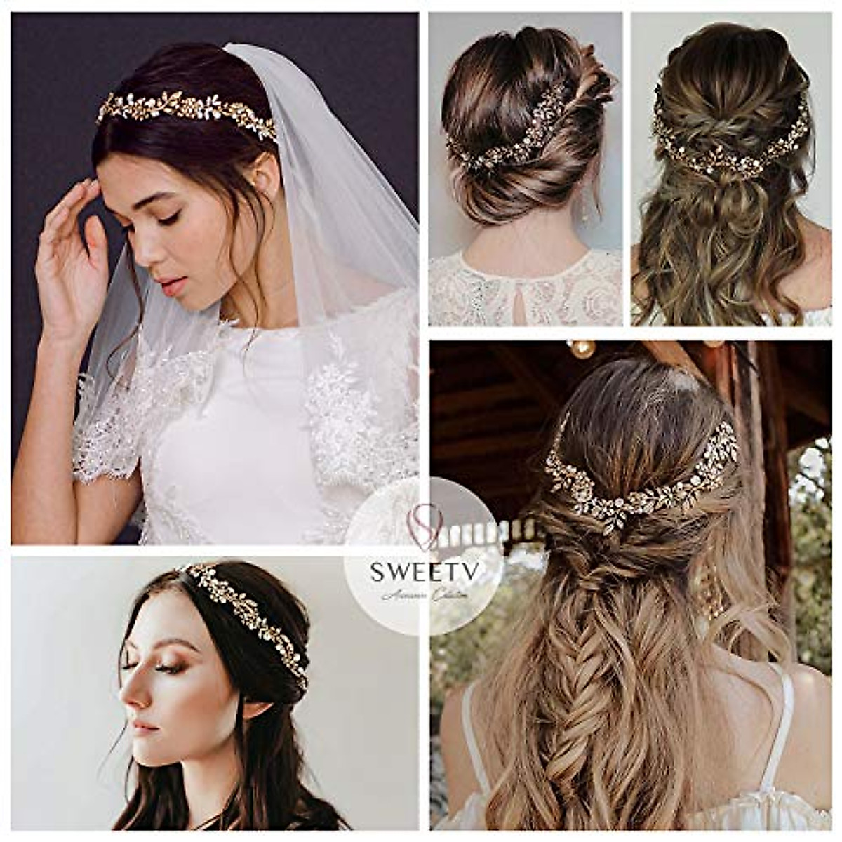 SWEETV Retro Wedding Headband, Bridal Headpieces for Wedding Women Rhinestone Hair Accessories Vintage Style