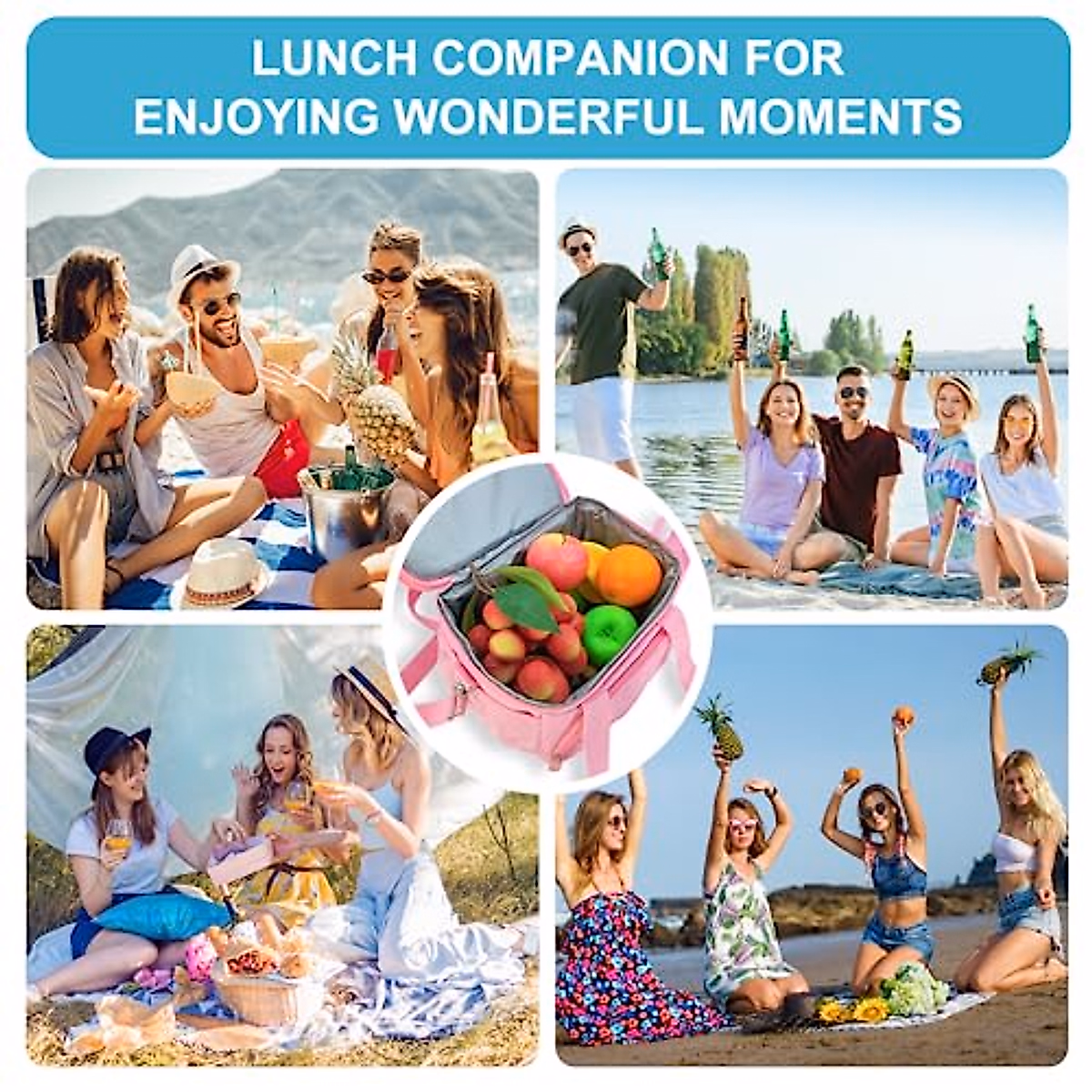 RONROX Large Lunch Box for Women and Men, Double Deck Insulated Lunch Bag with 900D Oxford, Expandable Leakproof Reusable Lunch Cooler Bag for Work, Office, Picnic, 17L, Pink