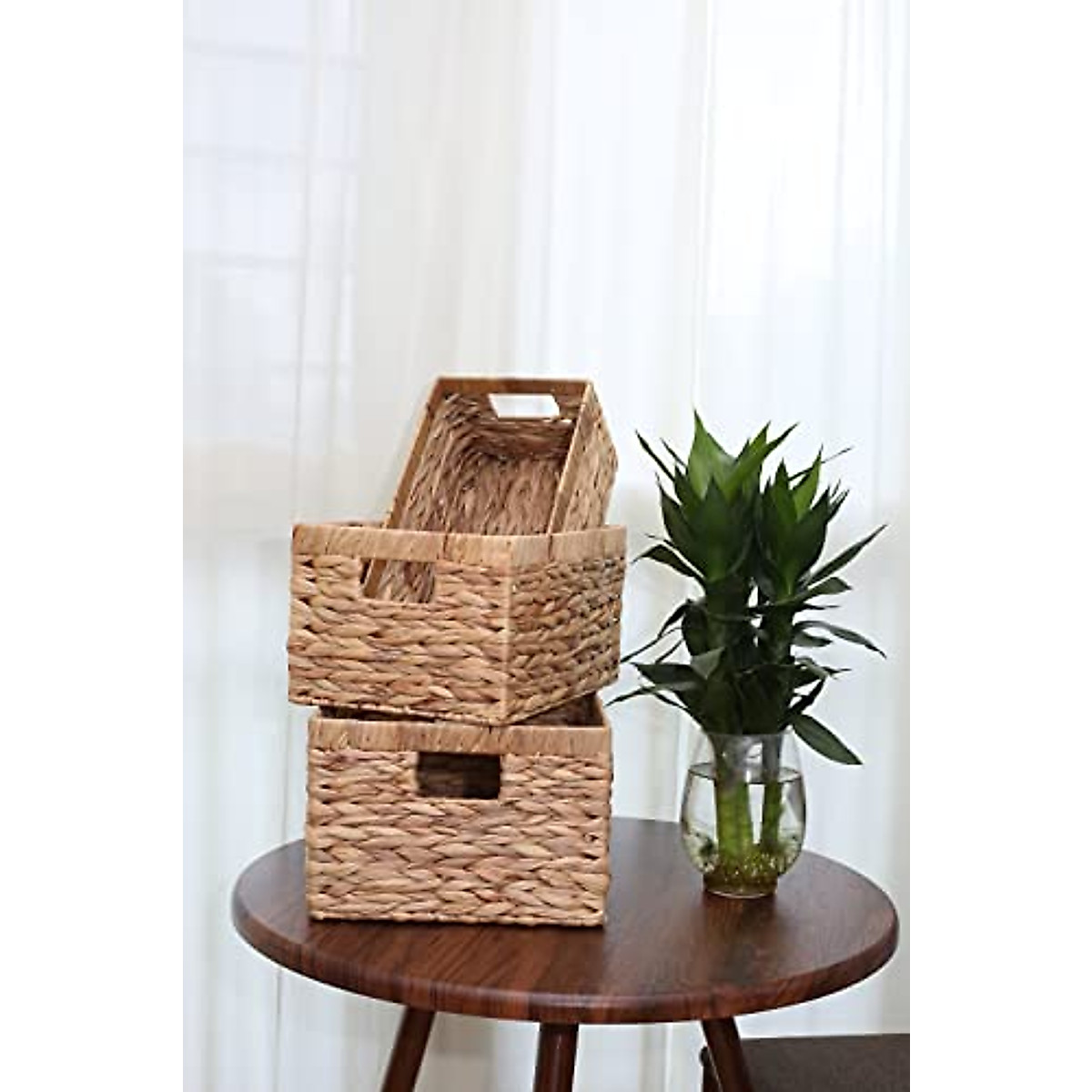 Water Hyacinth Wicker Baskets for Organizing, Rectangular Wicker Baskets with Built-in Handles 3-Pack