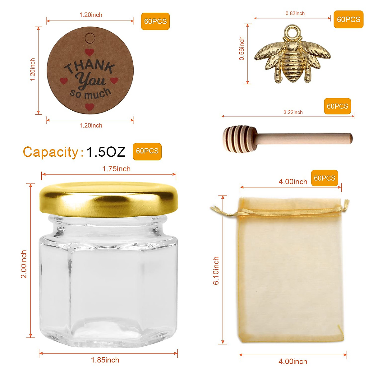 XING-RUIYANG 60 PACK 1.5 oz Mini Glass Honey Jar, Small Hexagonal Honey Jars with Wooden Dipper Gold Lid Bee Charms Gold Gift Bags and Rope for Baby Shower Wedding Party Favors