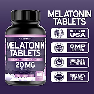 Melatonin 20mg Tablets for Adults (180 Count) - Quick Dissolve with 20mg of Melatonin Per Tablet - High Potency, Gluten-Free, Non-GMO, Vegan - Mixed Berry Flavor - Bulk Supply - USA Made