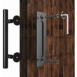 Barn Door Handles Black 12 inch - Sliding Barn Door Handle with Lock Barndoor Hardware Set, Bard Flat Back Plate - Barnwood kit, Inset Knobs Closet Finger Flush Pulls Barnyard Barb Latch Closure Pull