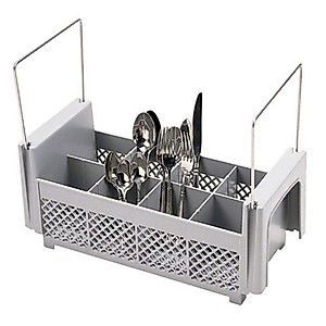 Cambro 8FB434151 Camrack Polypropylene 8-Compartment Half Flatware Basket with Handle, Soft Gray