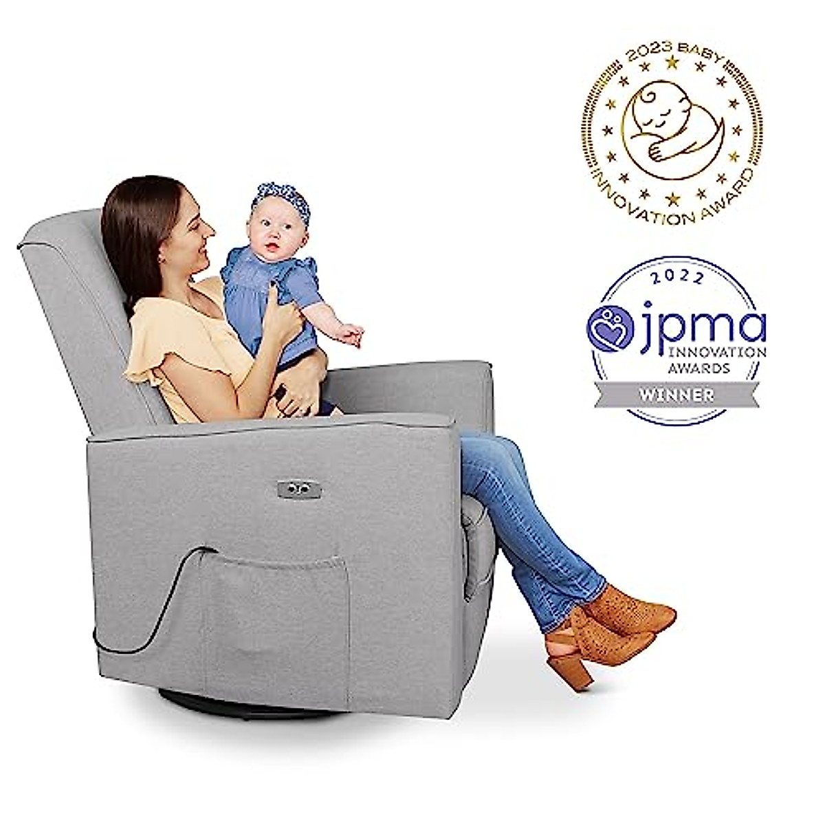 Evolur Harlow Deluxe Glider with Massager |Recliner| Rocker in Light Grey