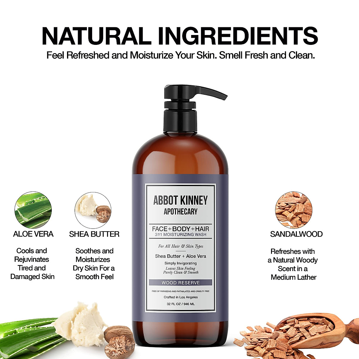 ABBOT KINNEY APOTHECARY 3 in 1 Moisturizing Men's Body Wash | Shampoo, Conditioner, & Body Wash for Men | Infused with Shea Butter & Aloe Vera | Paraben-Free, Wood Reserve, 32 Fl Oz