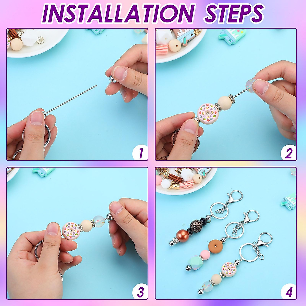 Sasylvia 30 Sets Beadable Keychain Kits Beaded Keychain Bars Resealable Pouch Bag Thank You Cards for DIY Crafts Jewelry Making