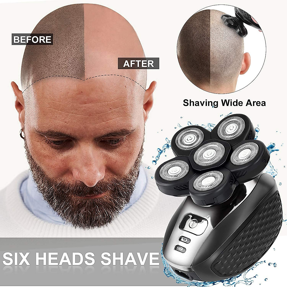 Bud K Electric Razor for Men, 5-in-1 Head Shavers for Bald Men, Wet & Dry, Rechargeable, Black
