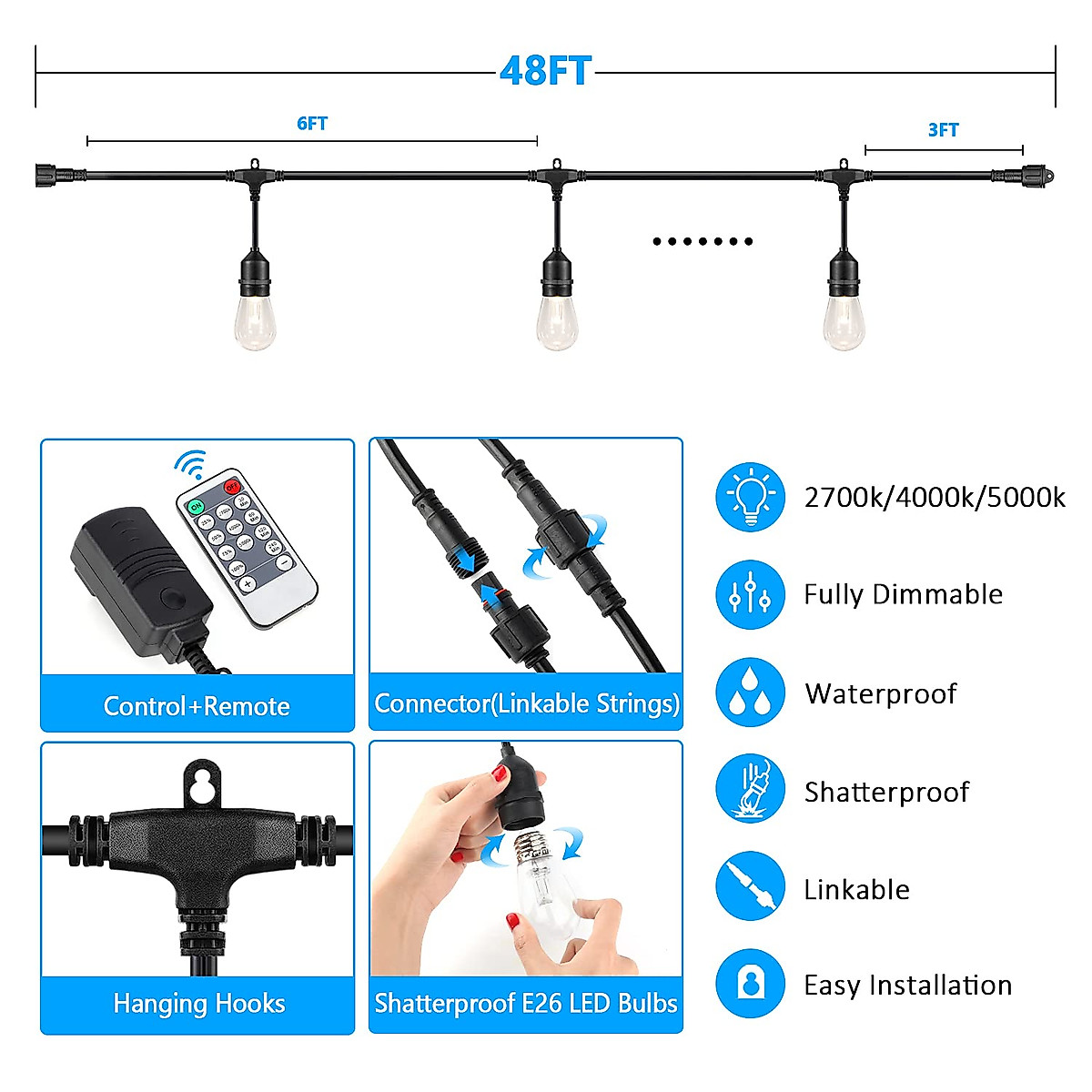 3 Color Dimmable LED Outdoor String Lights with Remotes, 48FT Waterproof Patio Hanging Lights with Shatterproof E26 S14 LED Bulbs for Bistro Cafe Pergola Party, Warm White/Nature White/Daylight White