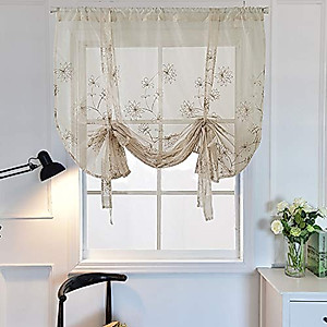 JAIJY Rod Pocket Liftable Roman Window Curtains Flower Embroidery Tie Up Sheer Shade Voile Shade Drape for Small Window Bathroom Decor, 1 Panel, 31"x 47" Inches Length