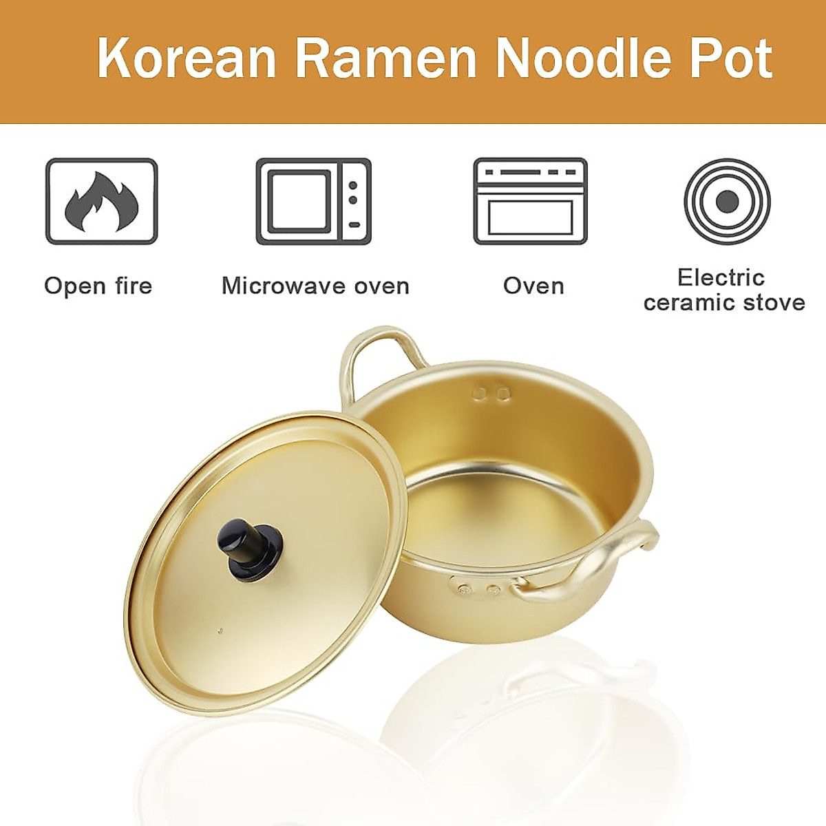 Korean Ramen Noodle Pot, Ramen Noodle Pot Yellow Aluminum Non Stick Korean Traditional Quick Cooking Pot Quick Noodle Pot Can Be Heated by Open Fire and Electric Ceramic Stove(16cm Pot)