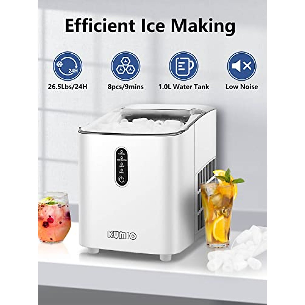 KUMIO Ice Makers Countertop, Portable Ice Maker with Self-Cleaning, 8 Cubes/9 Mins, 26.5Lbs/24Hrs, Ice Machine with Scoop and Basket, 2 Sizes of Bullet Ice for Home Office Bar Party