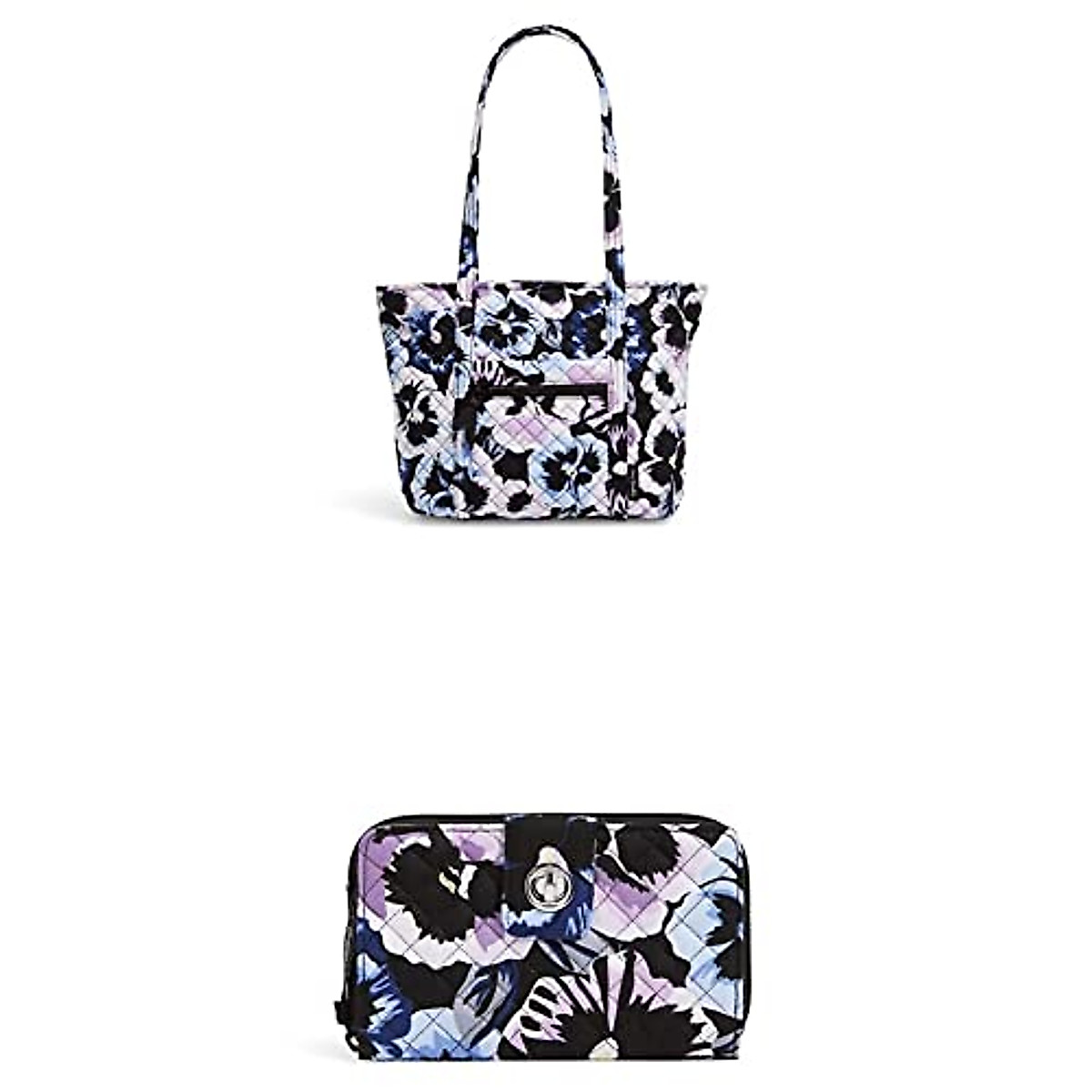 Vera Bradley womens Cotton Small Vera Tote Handbag, Plum Pansies - Recycled Cotton, One Size US withVera Bradley womens Cotton Turnlock With Rfid Protection Wallet, Plum Pansies
