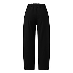 TBA Women's Casual Pants Summer Wide Leg Capris Drawstring Elastic High Waist Cotton Cropped Trousers with Pockets Black
