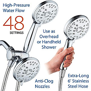 AquaSpa High Pressure 48-mode Luxury 3-way Combo – Dual Rain & Handheld Shower Head – Extra Long 6 Foot Stainless Steel Hose – Extra Large Face – Anti Clog Jets – All Chrome Finish – Top US Brand