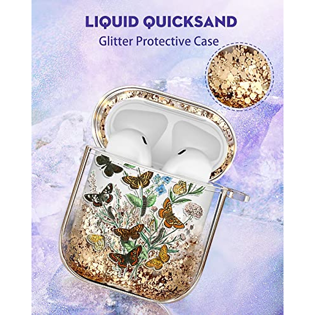 Kokaaee for Airpod Case 2nd & 1st Generation Cover Kawaii Funda Cute Aesthetic Girls Women Protector Liquid Glitter Bling Sparkly Butterfly Design Estuche Keychain Girly for Apple Air Pod 1/2 Gen