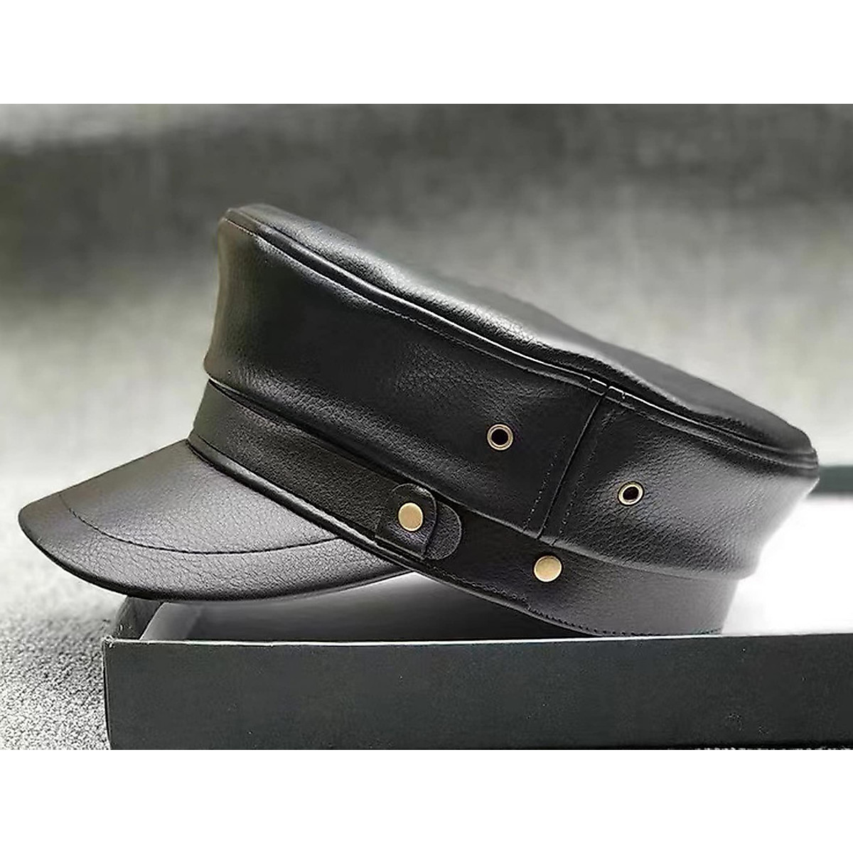 Brcus Women Yacht Captain Sailor Hat PU Newsboy Cabbie Baker Boy Peaked Beret Cap Black#2