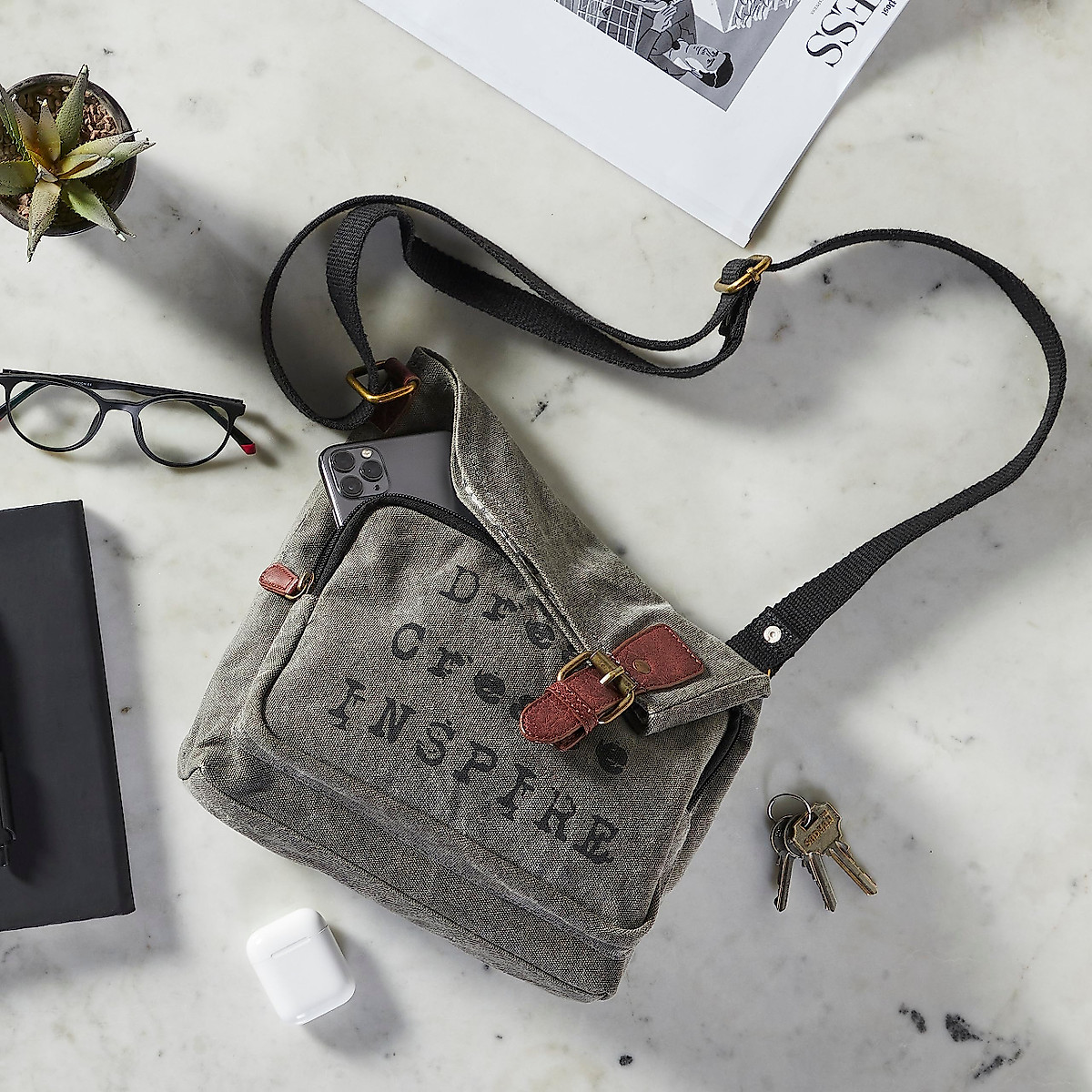 Mona B Dream Create Inspire Upcycled Canvas and Genuine Leather Trims Crossbody