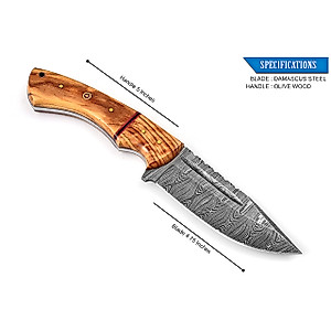 BG Knives Handmade Damascus Steel Hunting Fixed Blade Knife With Leather Sheath, Olive Wood Handle - 9.75" Length Full Tang Multipurpose Knife K-152